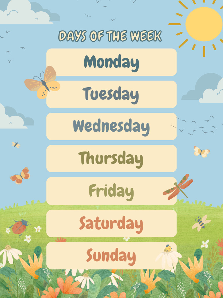 Colorful Illustrated English Spring Days of The Week Classroom Poster ...