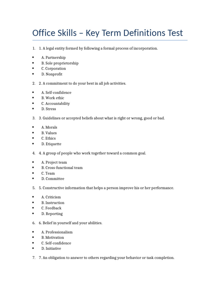 Office Skills Key Terms Test | PDF