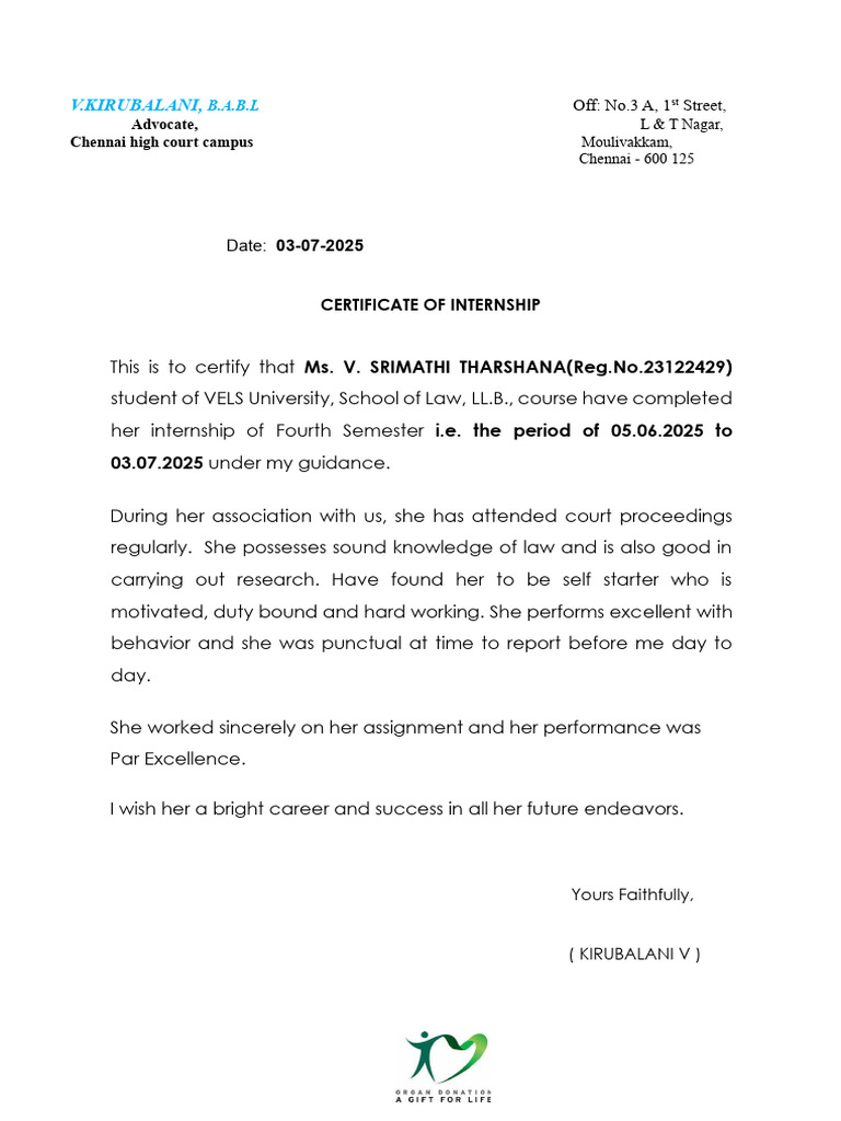 Internship Certificate for V. Srimathi Tharshana | PDF