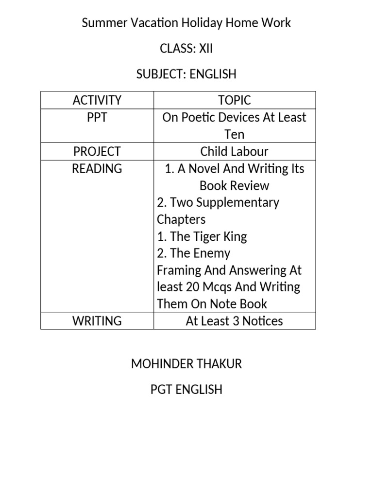 Holidays Home Work | PDF