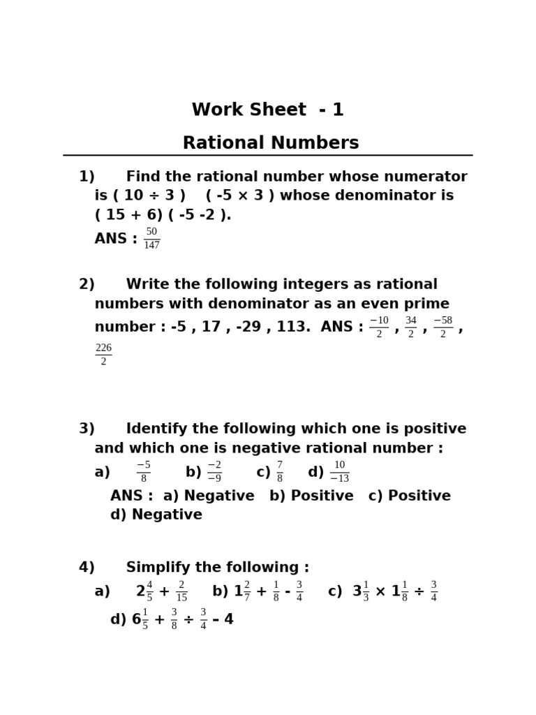 Maths - Rational Numbers - Test Paper - 8th ICSE | PDF