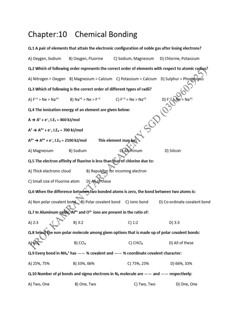Chemical Bonding Concepts and Questions | PDF | Chemical Bond ...