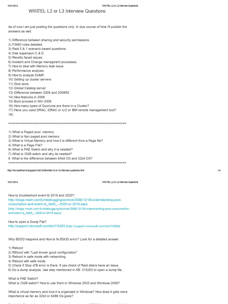 WINTEL L2 or L3 Interview Questions | PDF | Software | Computing
