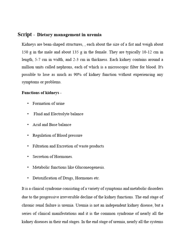 W6-L4 - Script - Dietary Management in Uremia | PDF | Hemodialysis | Kidney