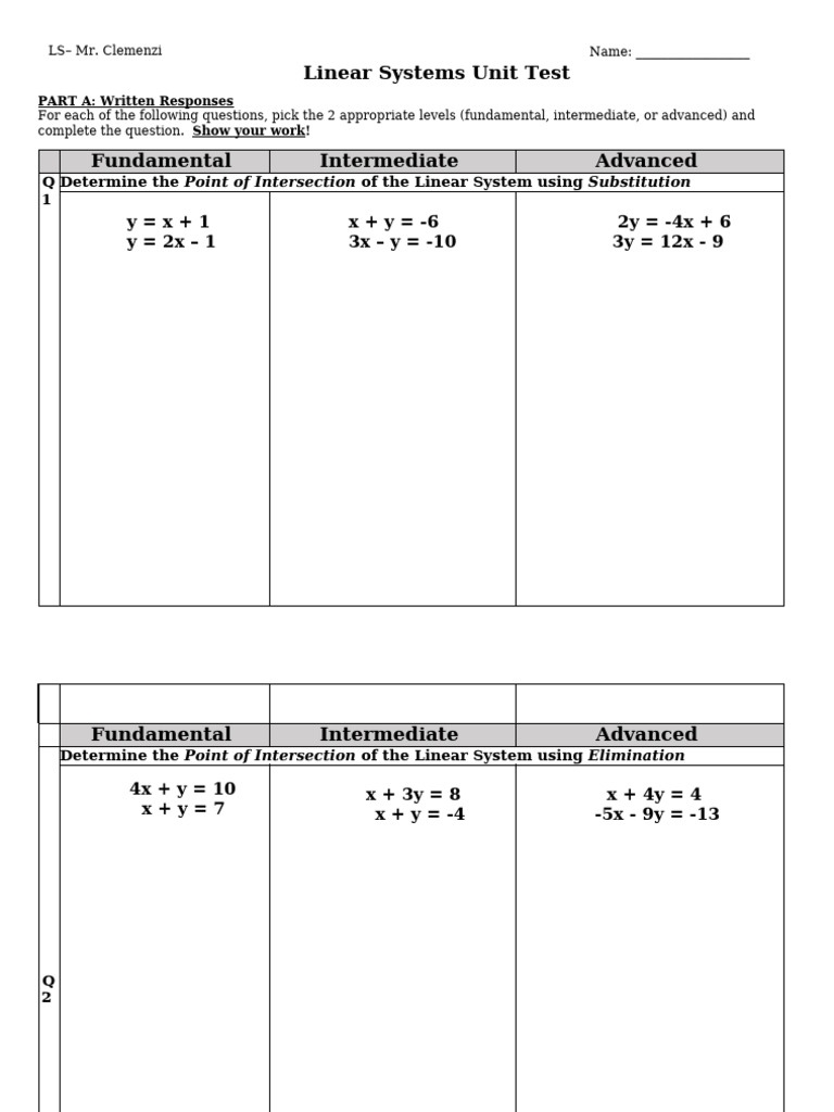 Linear Systems Unit Test - Clemenzi | PDF