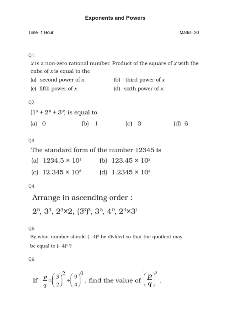 7th CBSE Exponents and Powers Subjective Test 1 | PDF