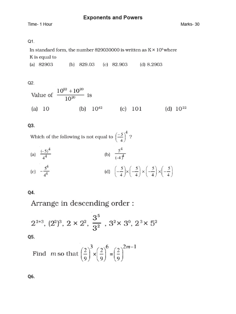 7th CBSE Exponents and Powers Subjective Test 2 | PDF