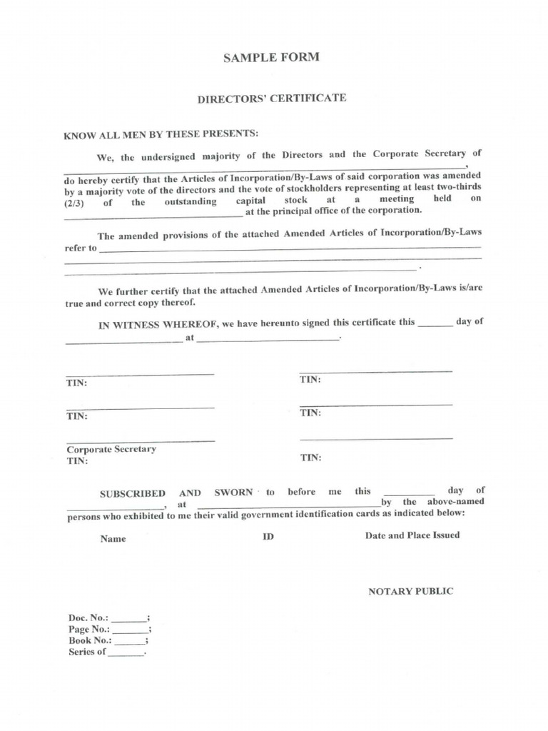 Directors Certificate - Amendment.AOI - SAMPLE | PDF
