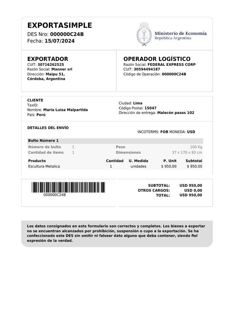 Destinación Exporta Simple 000000C24B | PDF