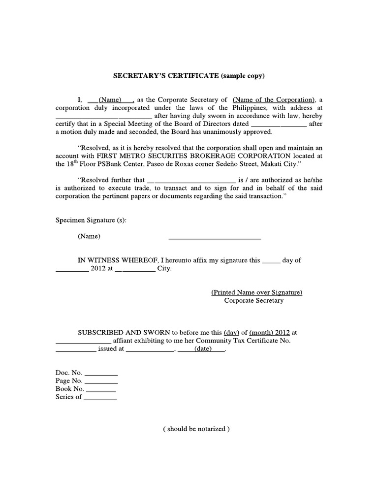 Secretarys Certificate NonExistence Corp Dispute - FIRSTMETRO | PDF