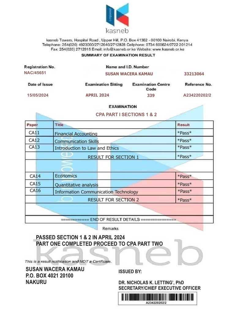 Cpa Result Slip Susan Wacera | PDF