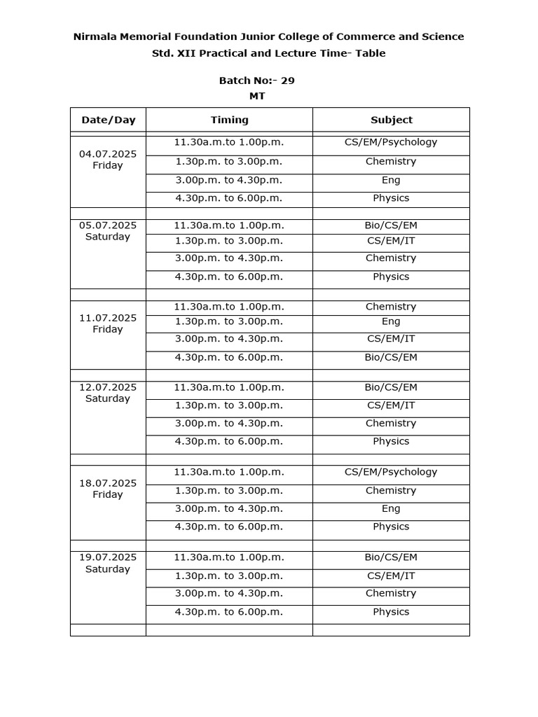 XII BATCH 29& 30 MT Timetable | PDF | Physical Sciences | Natural Sciences
