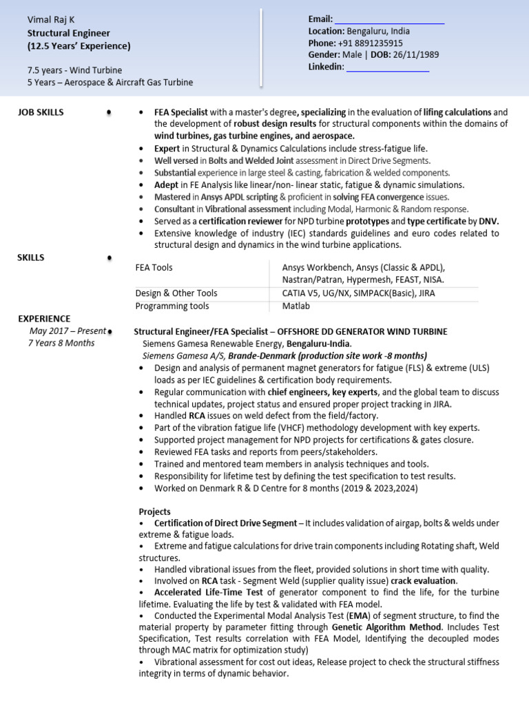 Resume FEA Engineer Vimal Raj 19032025 | PDF | Finite Element Method ...