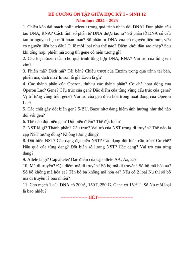 ĐỀ CƯƠNG ÔN TẬP GHK 1. SINH 12. 2024 2025 | PDF