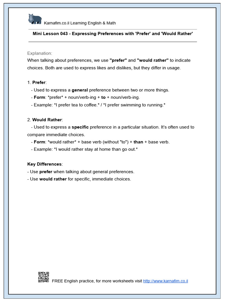 Mini Lesson 043 Expressing Preferences With Prefer and Would Rather | PDF