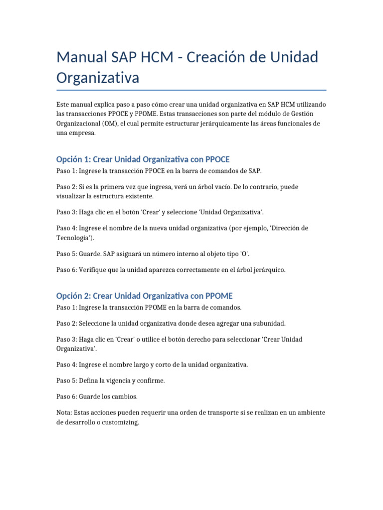 Manual Crear Unidad Organizativa SAP HCM | PDF