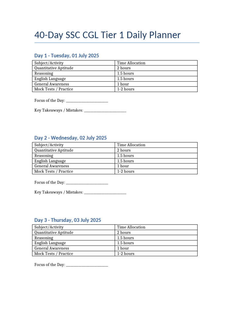 SSC CGL 40 Day Daily Planner | PDF