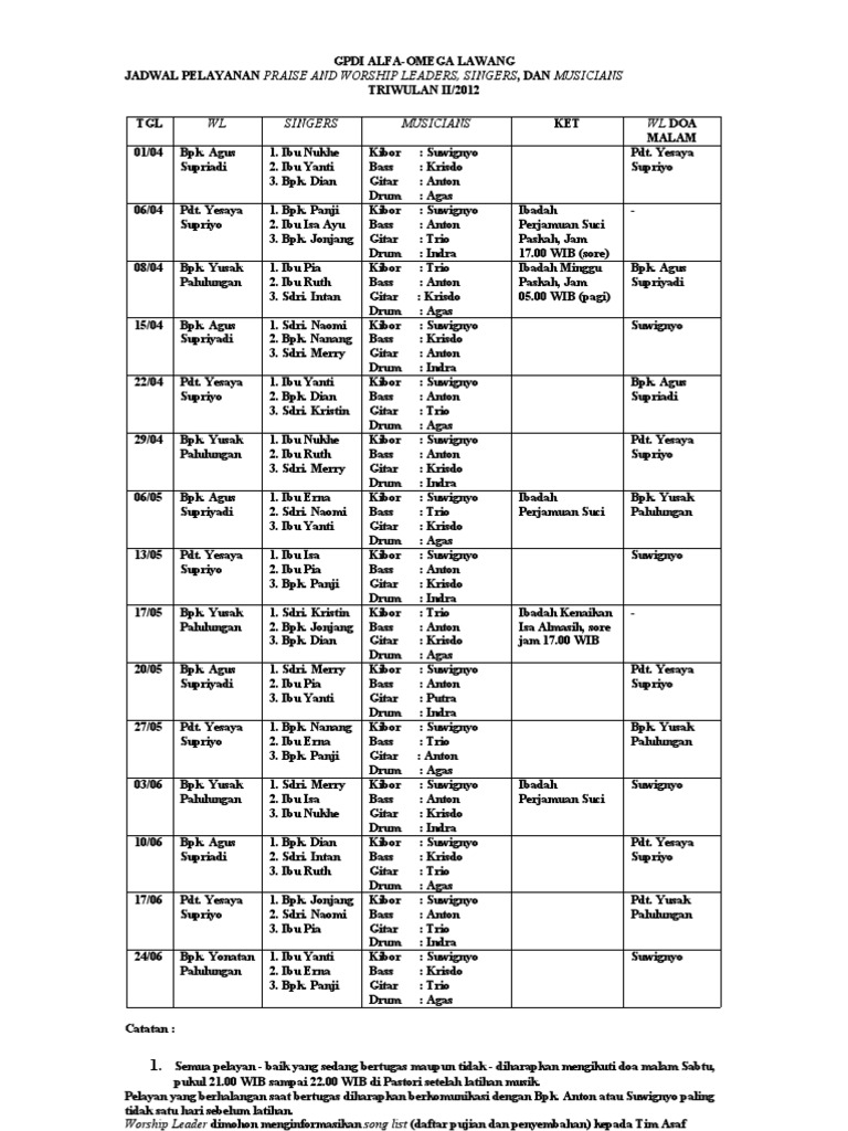 Jadwal Pelayanan Asaf GPDI Alfa-Omega Triwulan II-2012 | PDF | Agama & Spiritualitas