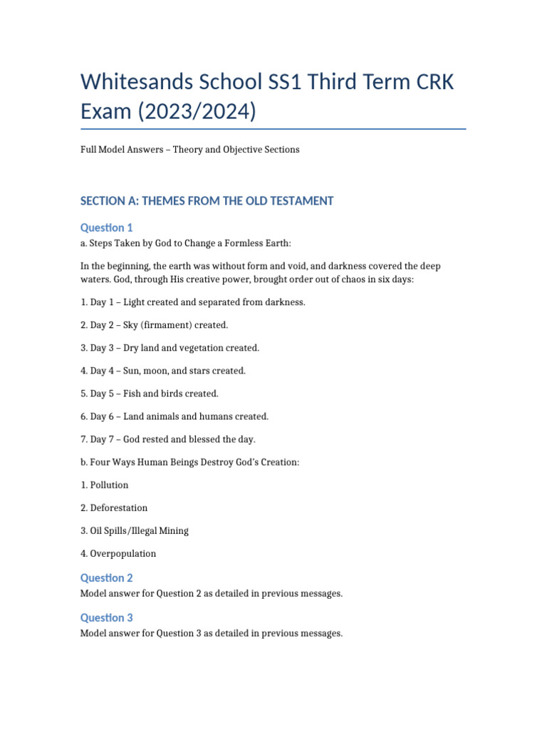 CRK SS1 Third Term Model Answers | PDF
