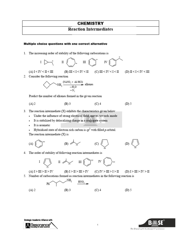 Reaction Intermediates MCQs for Class 12 | PDF | Chemical Reactions ...