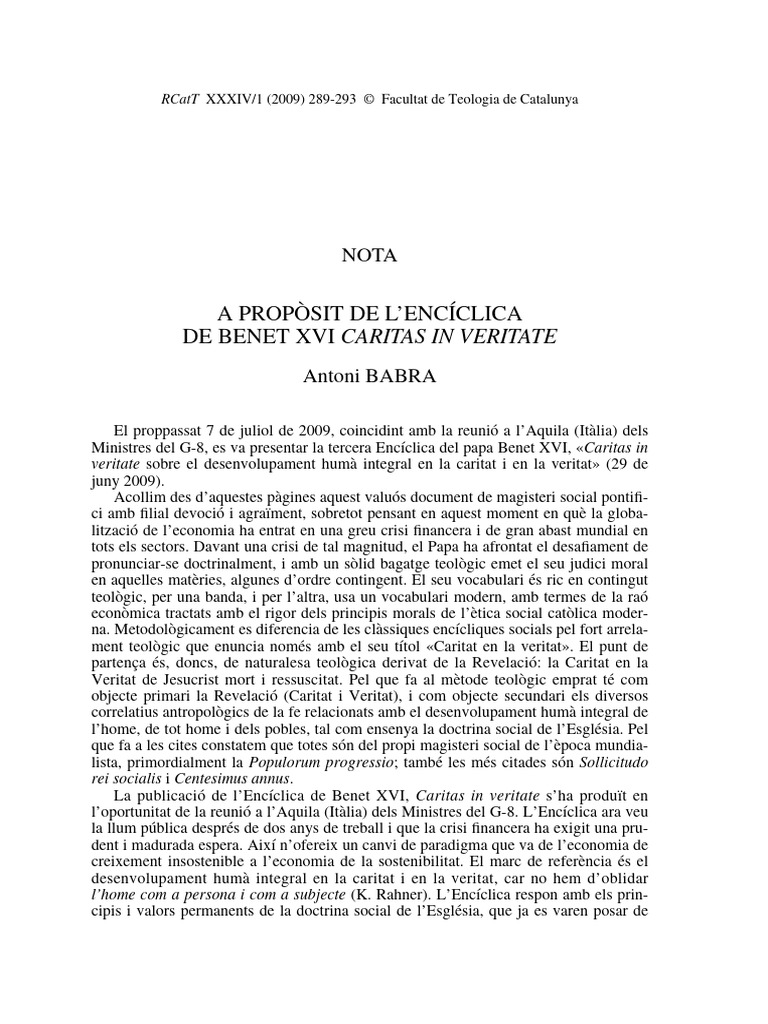 A Propòsit de L'encíclica de Benet Xvi Caritas in Veritate | PDF