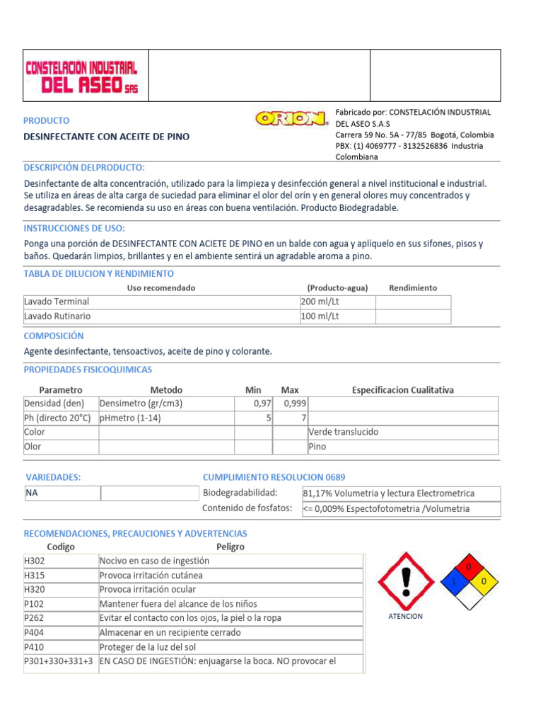 Ficha Técnica-Limpiador Desinfectante Con Aceite Pino-V.5 | PDF