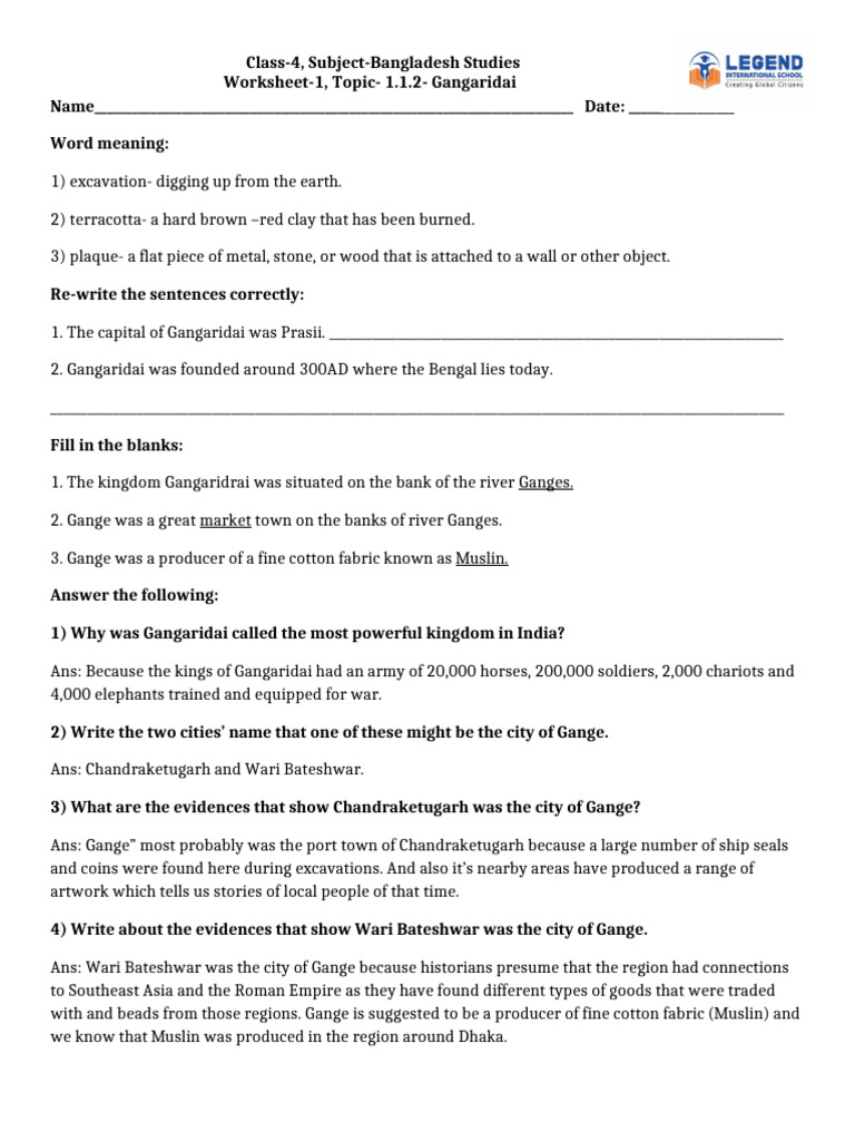Class 4 BSD Worksheet | PDF | Bengal