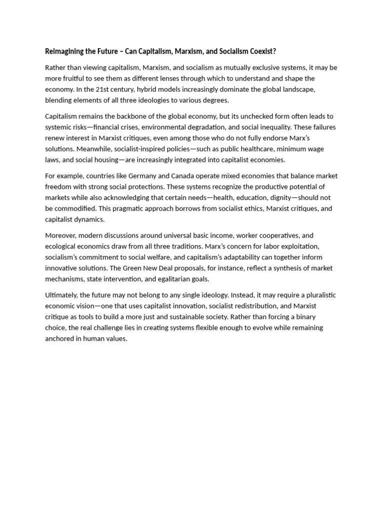 Reimagining The Future, Can Marxism Capitalism and Socialism Co Exist ...