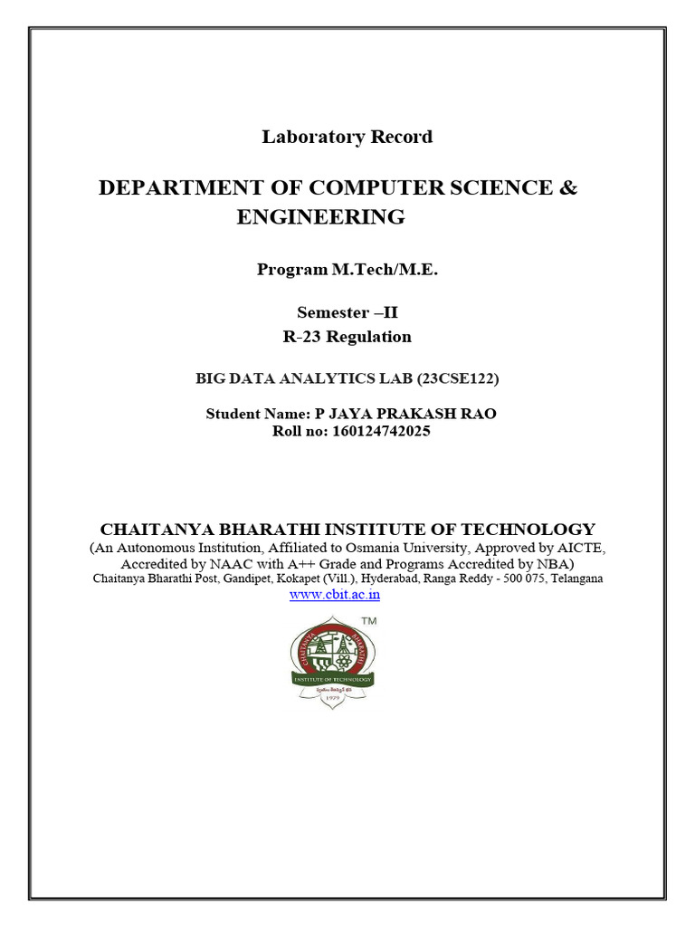 Jaya - BDA Record Front Pages | PDF | Apache Hadoop | Apache Spark