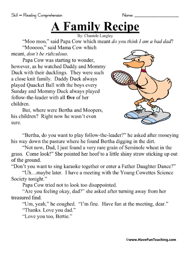 Free A Family Recipe Fourth Grade Reading Comprehension Worksheet | PDF