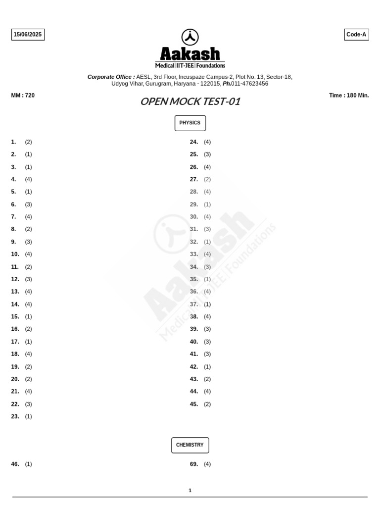 Open Mock Test-01 - 15.06.2025 - Sol | PDF | Lymphatic System | Lymphocyte