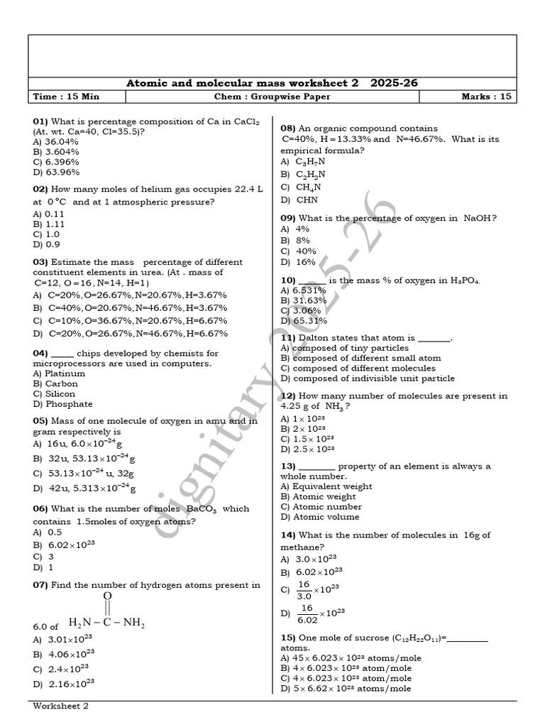 Atomic and Molecular Mass Worksheet 2 Paper | PDF | Mole (Unit) | Atoms