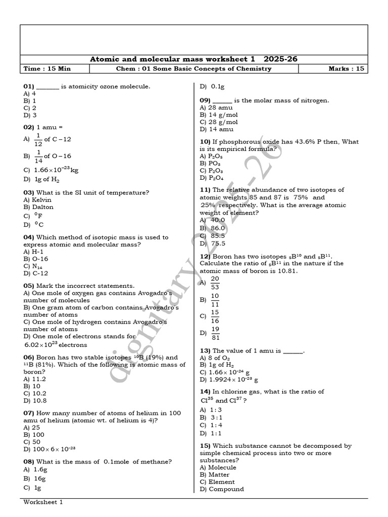 Atomic and Molecular Mass Worksheet 1 Paper | PDF | Mole (Unit) | Molecules
