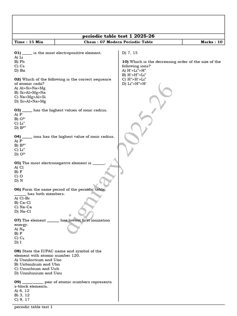 Periodic Table Test 2025-26 | PDF