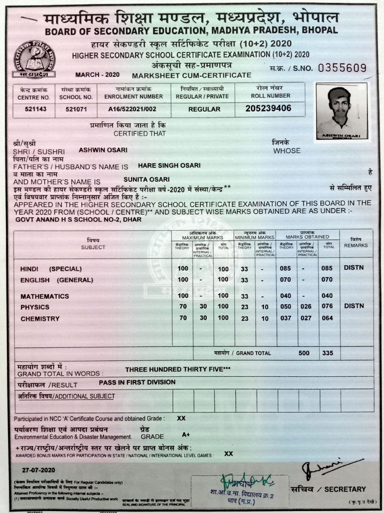 Madhya Pradesh 12th Certificate 2020 | PDF | Qualifications | Student Assessment And Evaluation