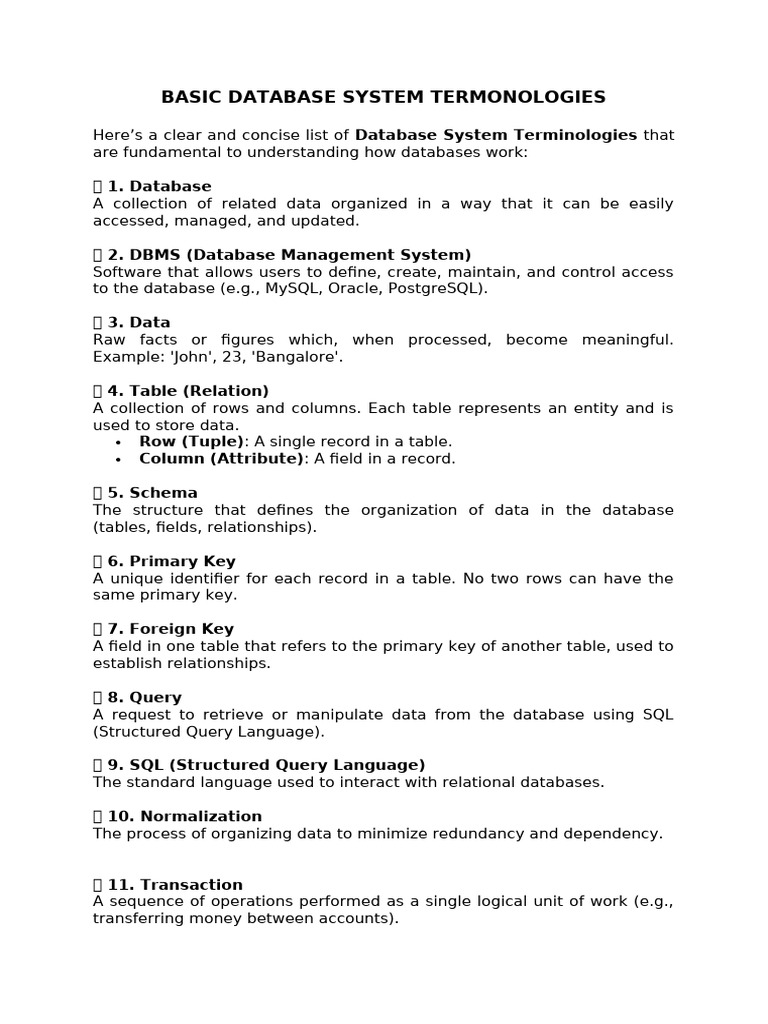Basic Database System Termonologies | PDF | Databases | Sql