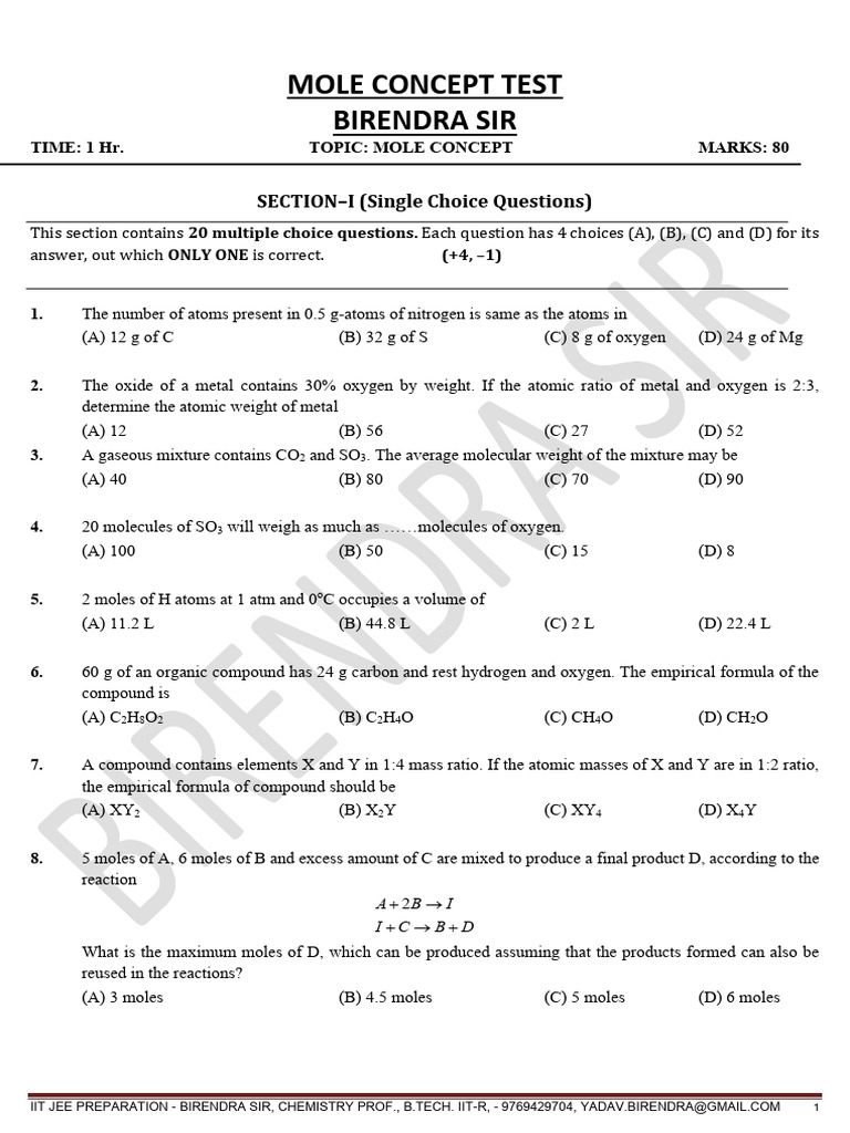 Mole Concept Test - Jee Preparation - Birendra Sir | PDF ...