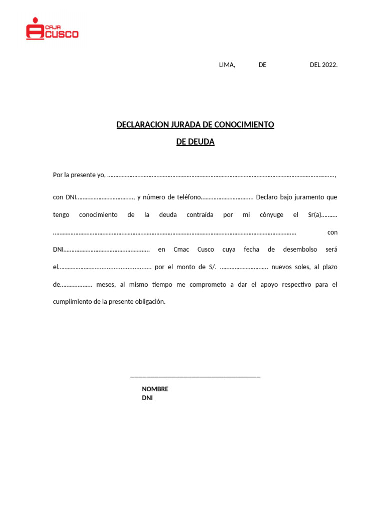 Declaracion Jurada de Conocimiento de Deuda-Titular | PDF
