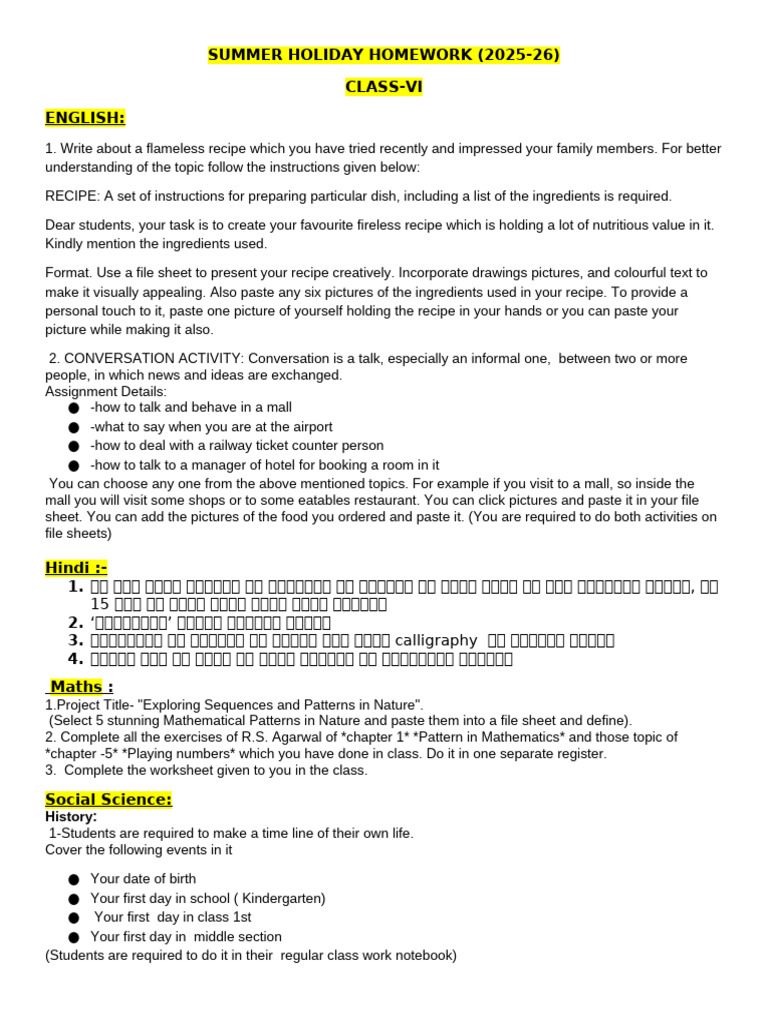 Summer Holiday Homework - Class 6 | PDF