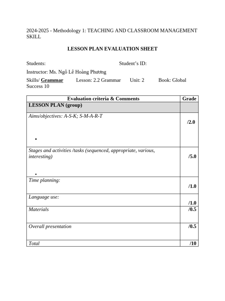 Phiếu Chấm Điểm PPDH 1 | PDF