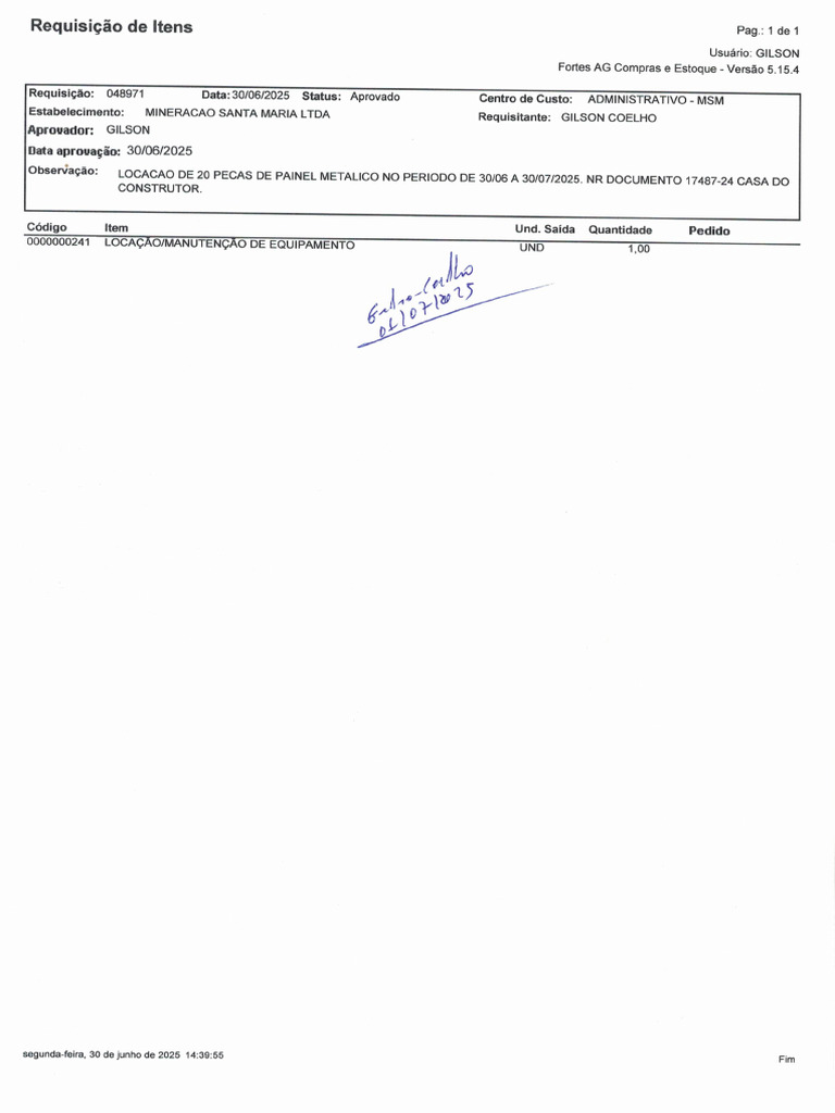 Requisição 48971 Locacao de 20 Pecas de Painel Metalico No Periodo de ...