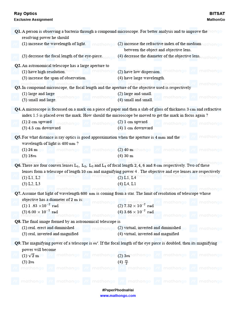 Ray Optics - Microscope and Telescope | PDF | Angular Resolution | Optics