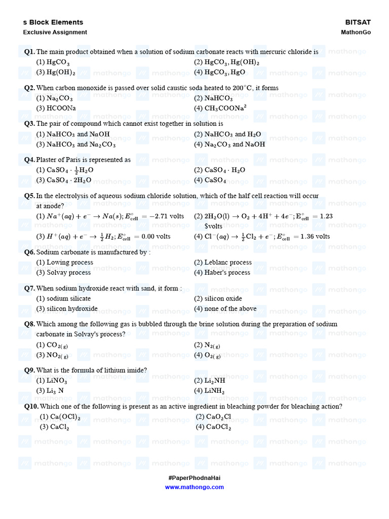 S Block Elements - Compounds of S Block | PDF | Chlorine | Sodium Hydroxide