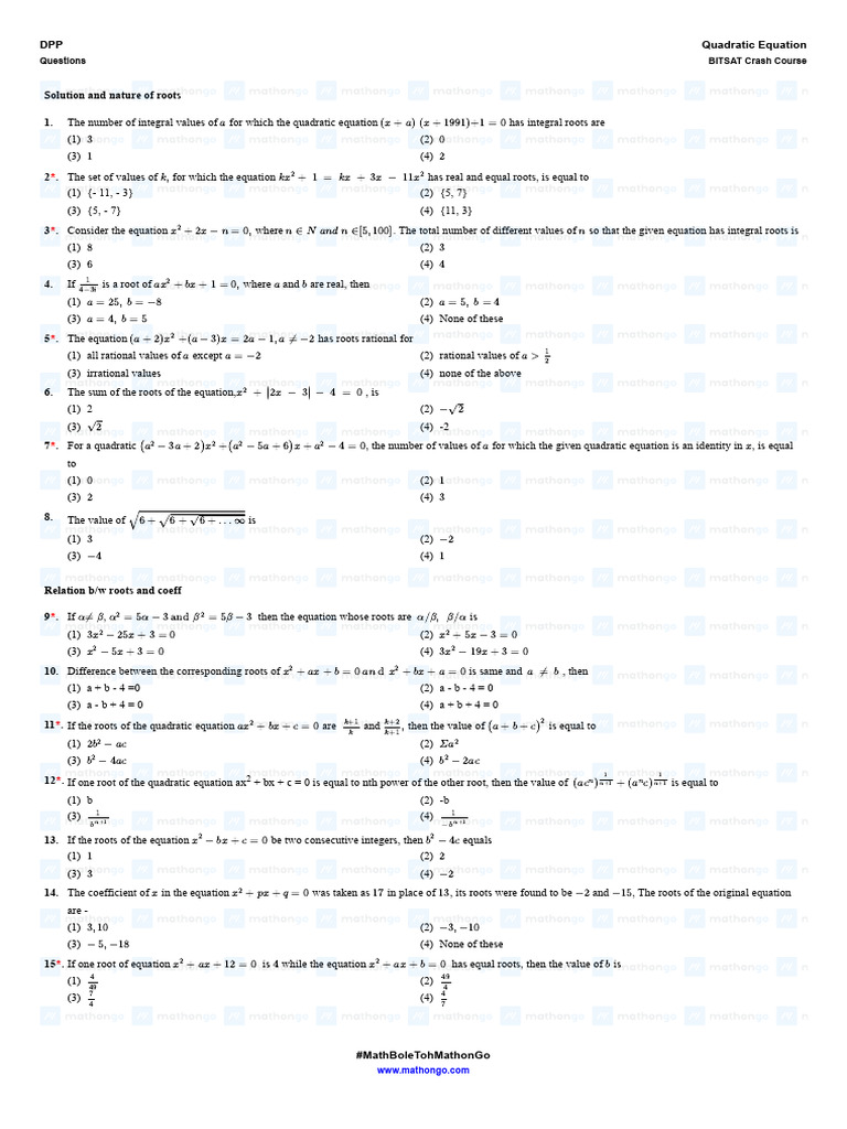 Quadratic Equation - BITSAT - DPP | PDF | Equations | Quadratic Equation
