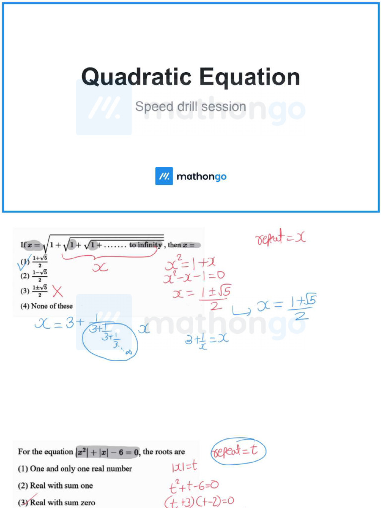 Quadratic Equations - Speed Drill | PDF