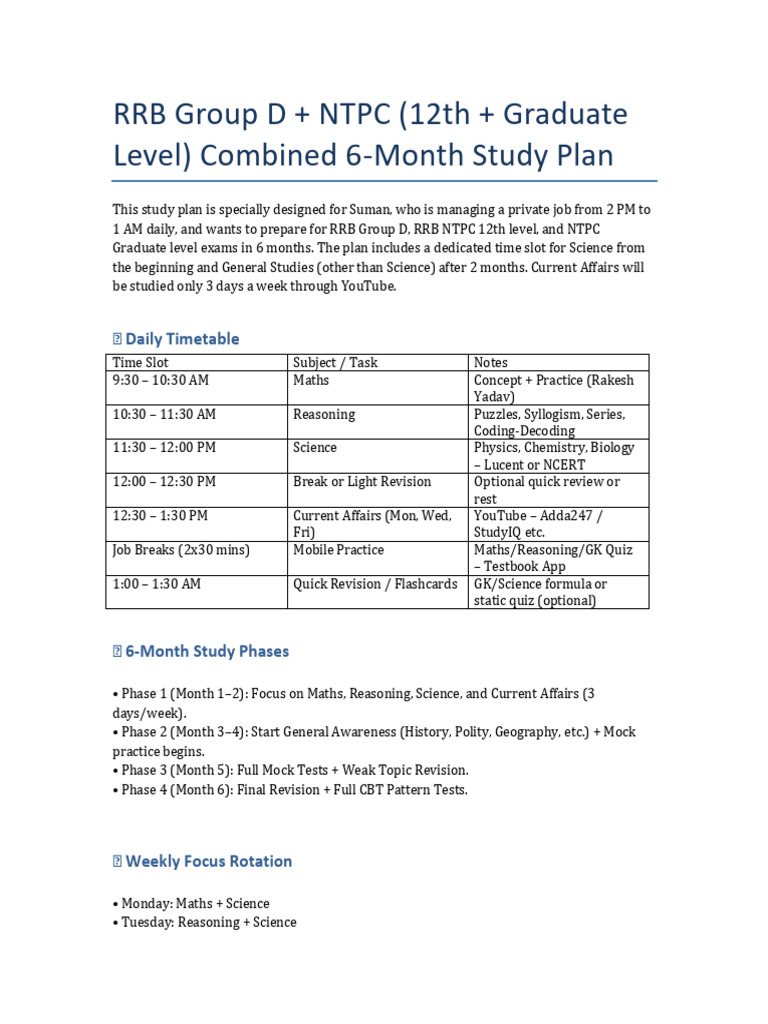 RRB GroupD NTPC 6 Month Study Plan Suman | PDF