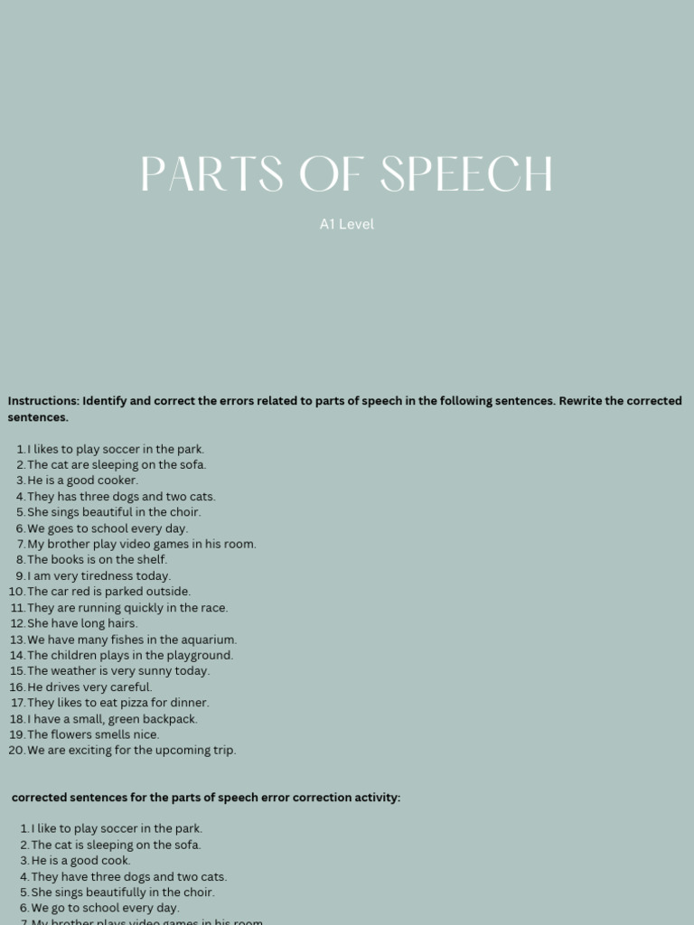 Parts of Speech Practice A1 Level | PDF