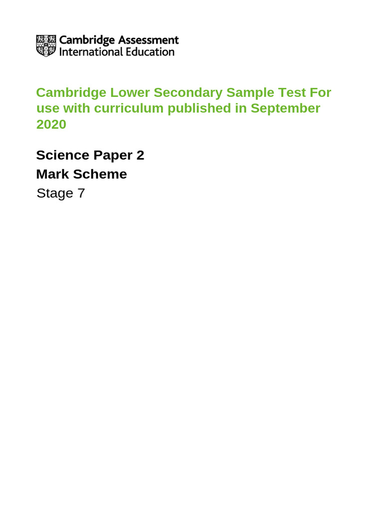 Science Stage 7 2020 Sample Paper 2 Mark Scheme | PDF | Ph | Magnesium