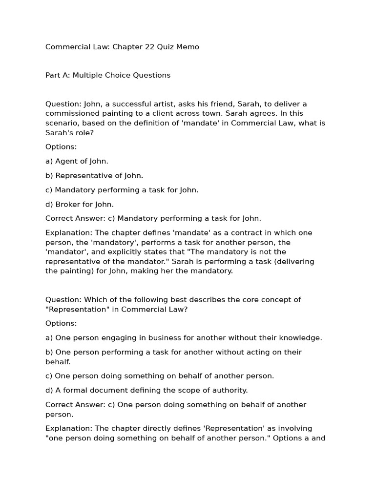 Commercial Law Agency Quiz Overview | PDF | Law Of Agency | Legal Liability