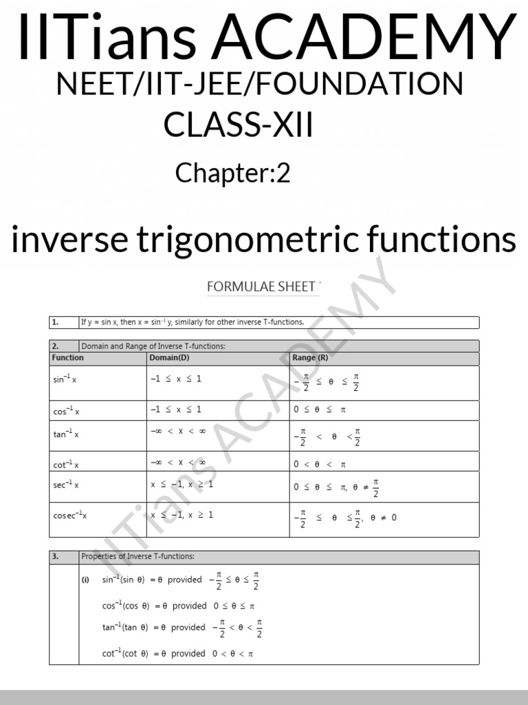 Inverse Trigonometric Functions Sheet | PDF | Trigonometric Functions ...